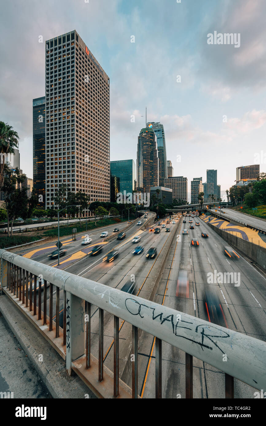 Cityscape skyline view of the 110 freeway in downtown Los Angeles ...