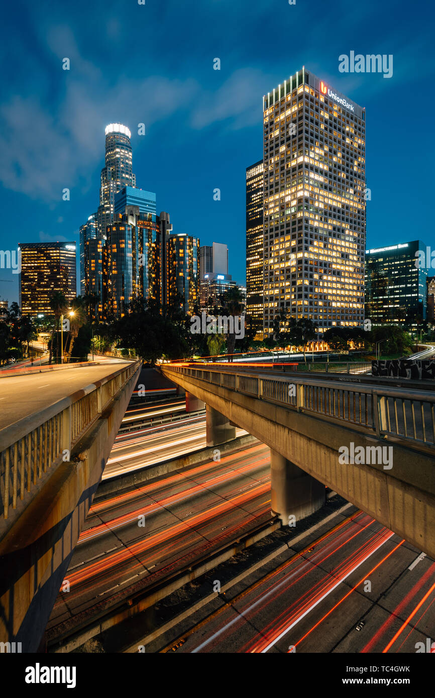 Los Angeles skyline cityscape view of the 110 Freeway at night, in ...