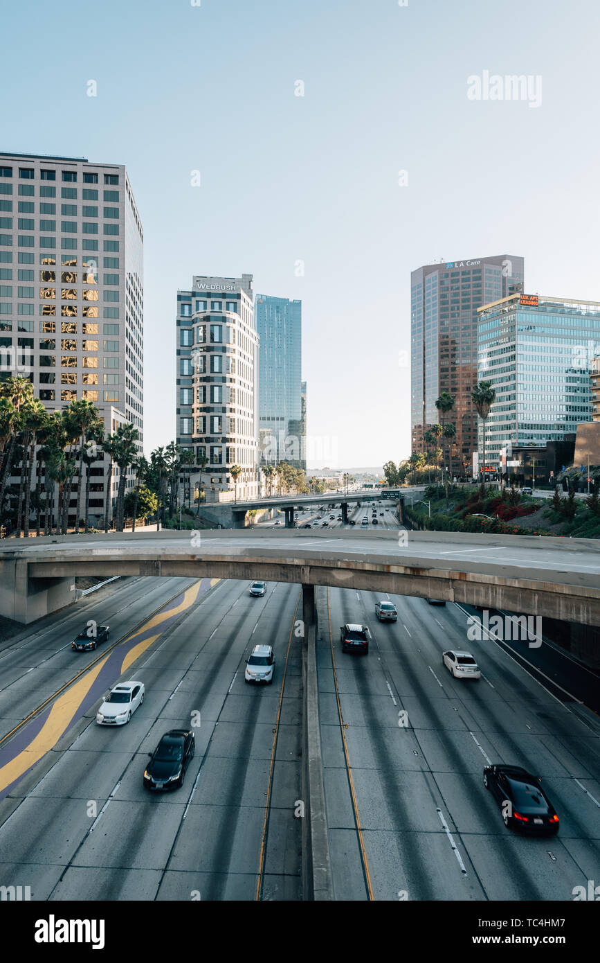 Los Angeles cityscape skyline view of the 110 Freeway, in downtown Los ...