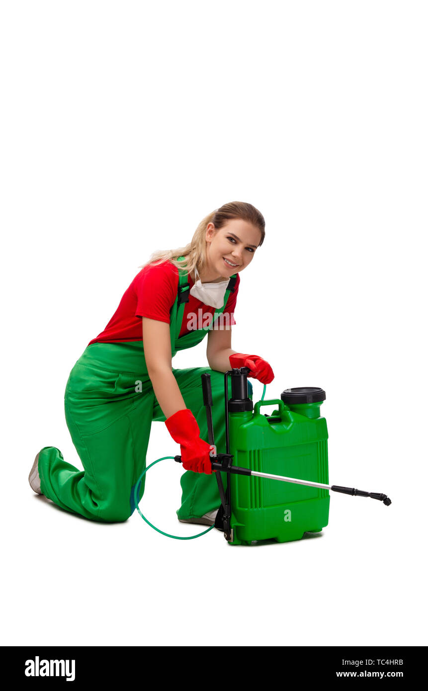 Female pest control contractor isolated on white Stock Photo - Alamy