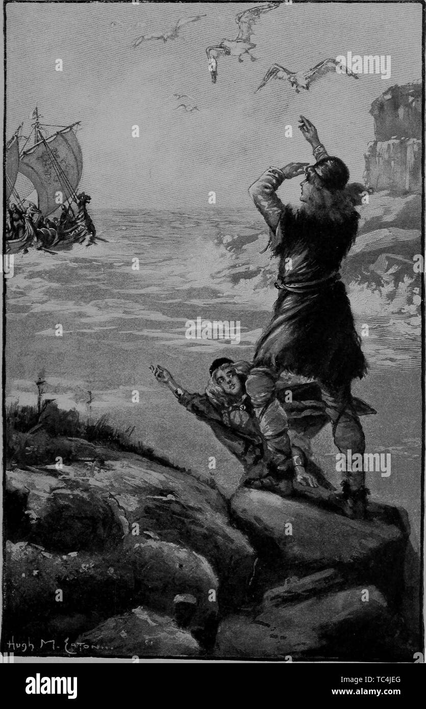 Engraving of the Icelandic explorers, Thorfinn Karlsefni, and Gudrid ...