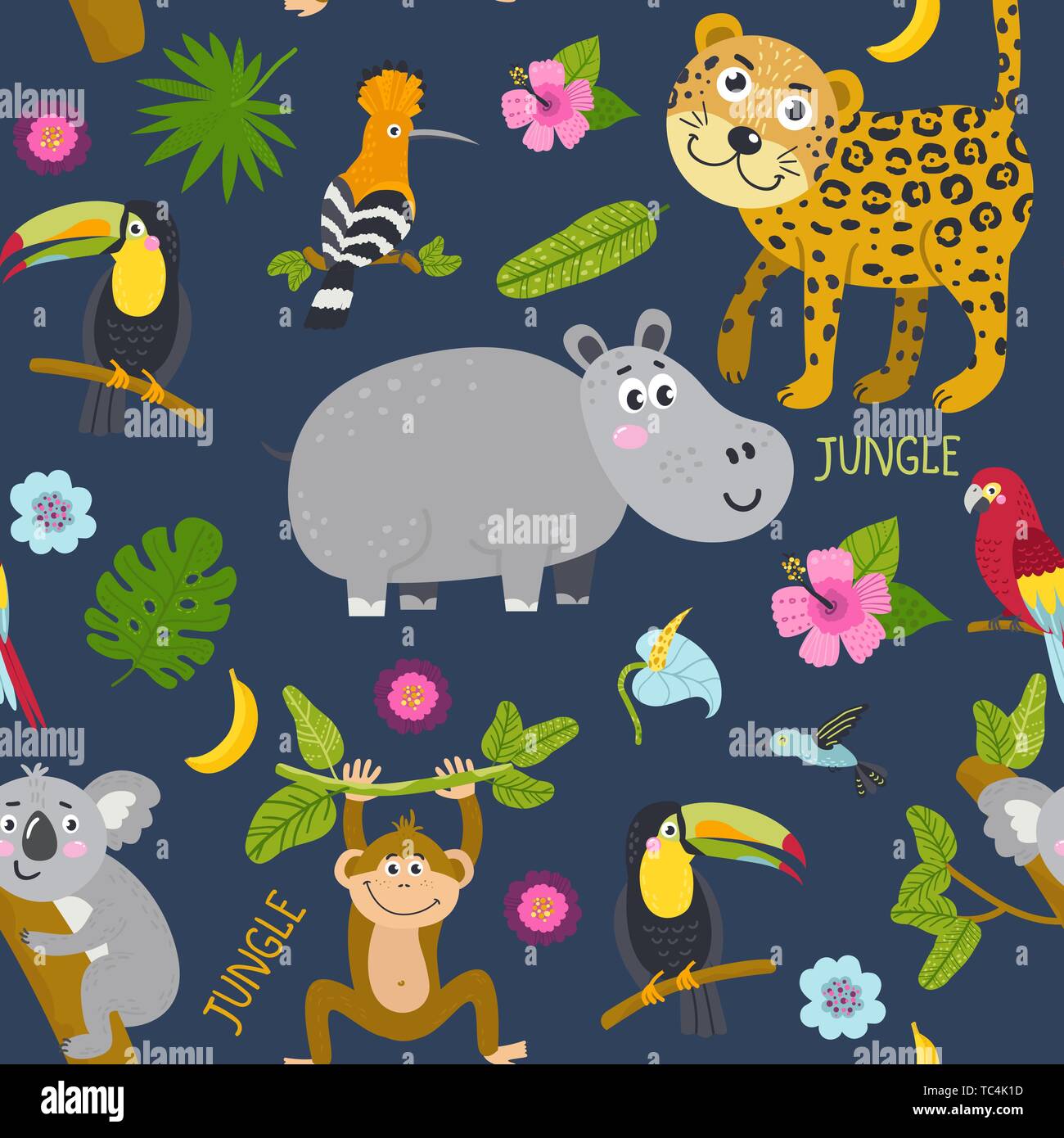 Seamless pattern with cute animals from the jungle. Illustration for ...