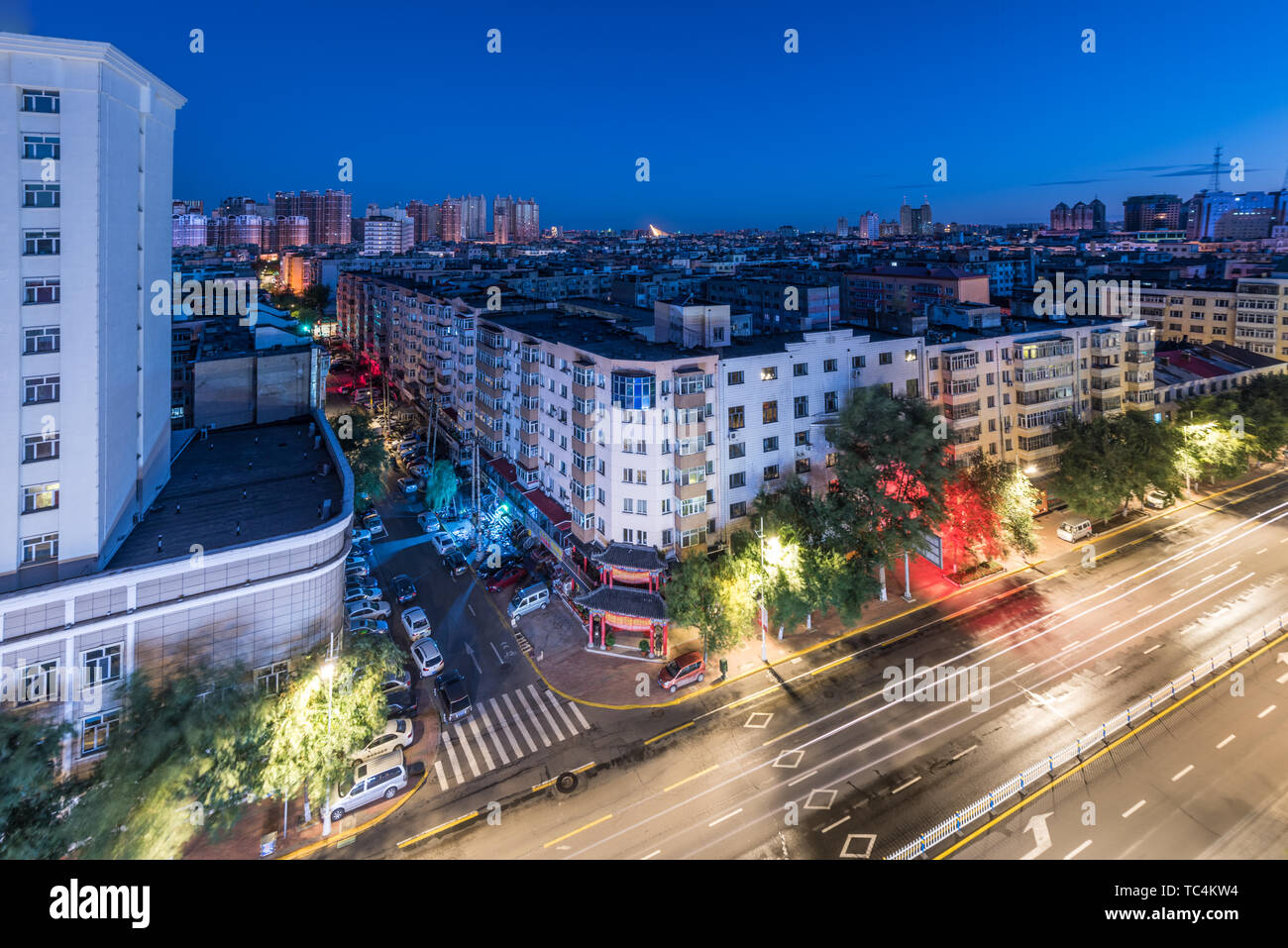 Autumn sunrise overlooks city building street in Harbin, China Stock ...