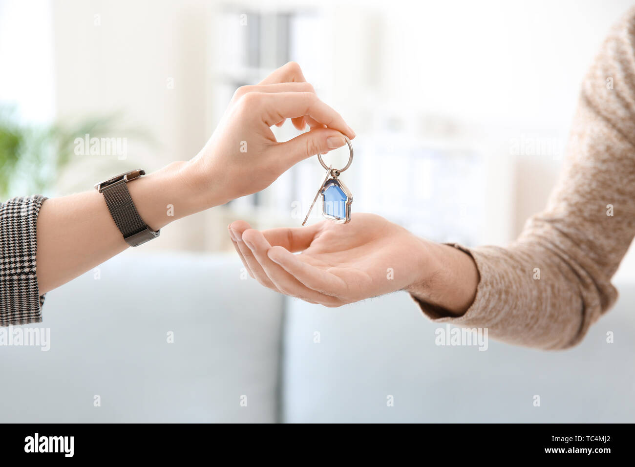 Real estate agent giving a keys from new house to young man Stock Photo ...