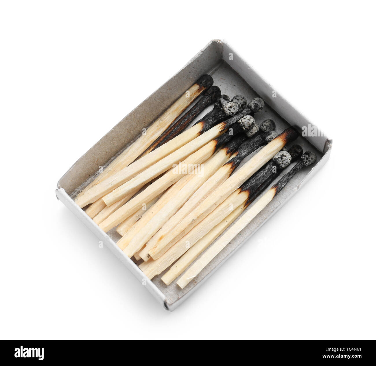 Box with burnt out matches on white background Stock Photo - Alamy
