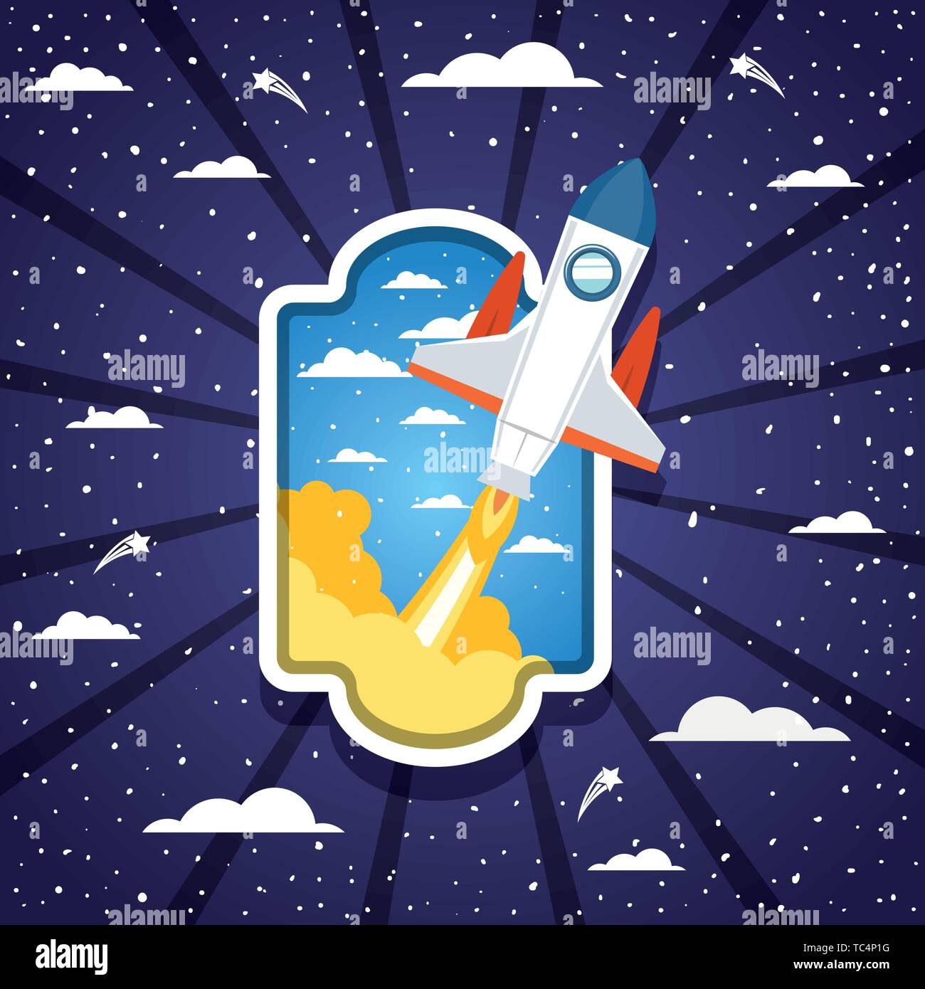 Rocket over clouds and striped background design Stock Vector Image ...