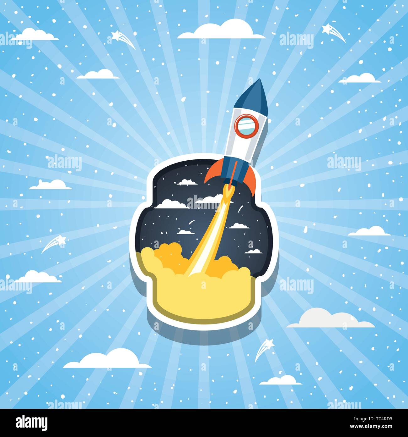 Rocket over clouds and striped background design Stock Vector Image ...