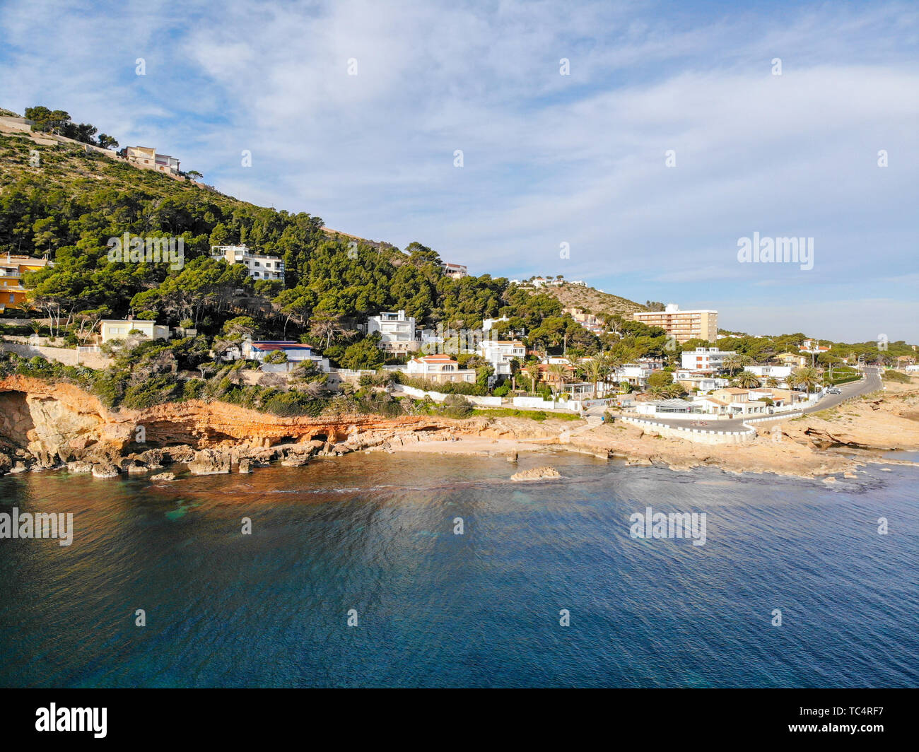 Aerial view of Las Rotas rocky beach in Denia, Spain at sunset Stock ...