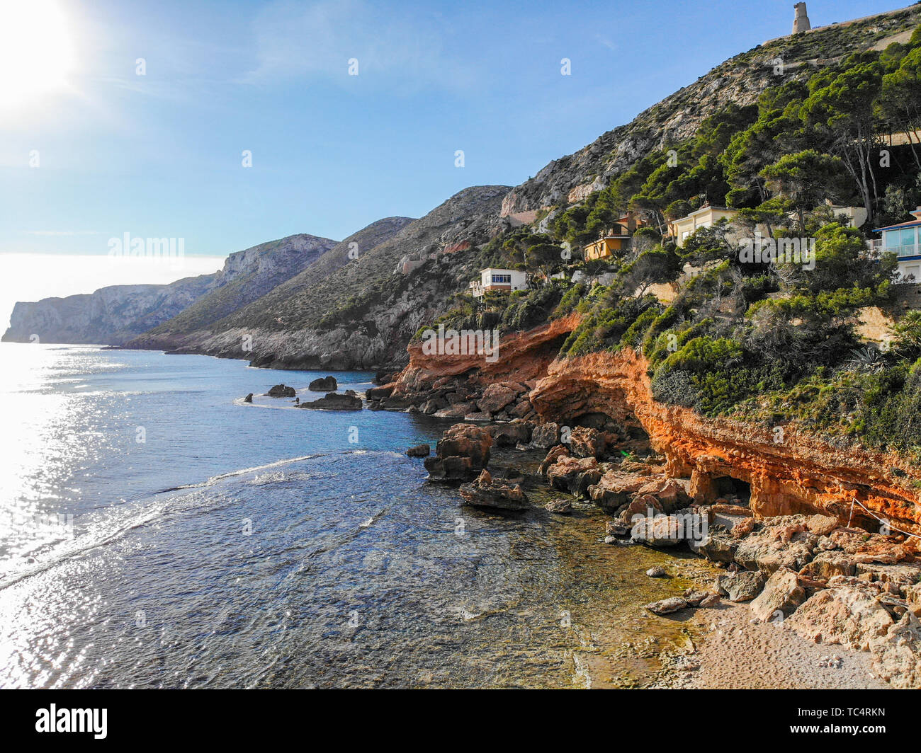 Aerial view of Las Rotas rocky beach in Denia, Spain at sunset Stock ...