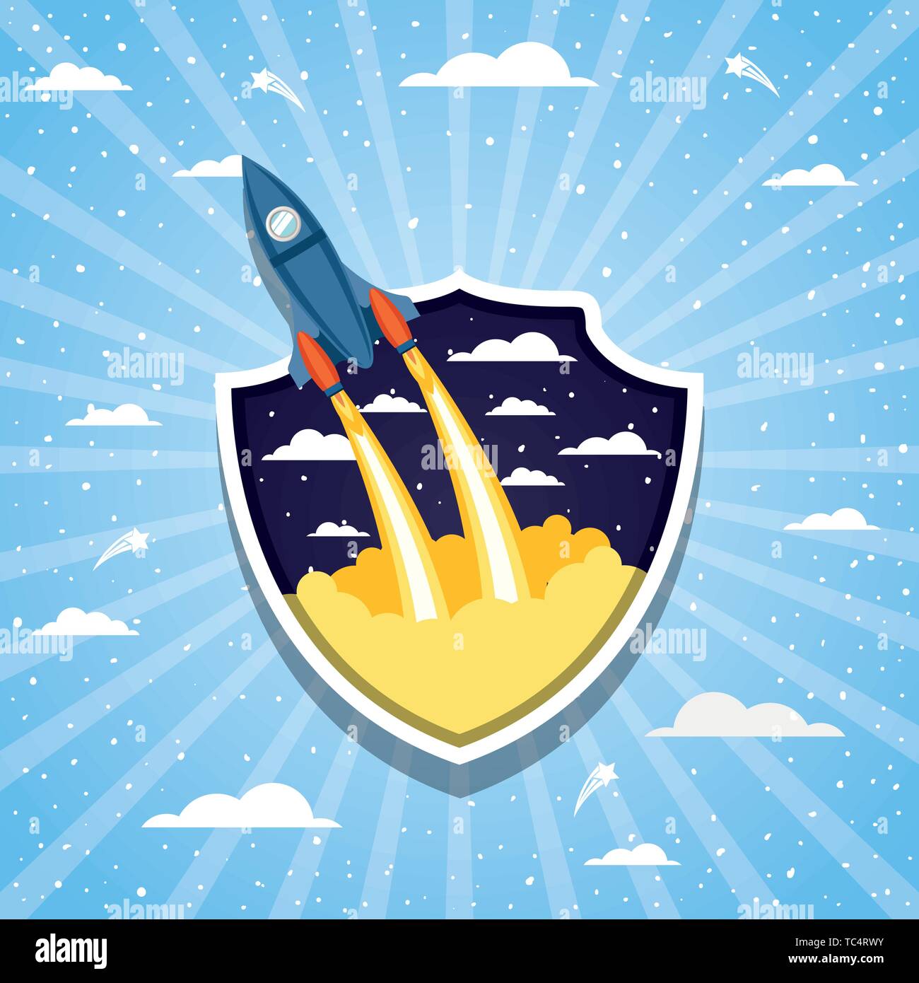 Rocket over clouds and striped background design Stock Vector Image ...