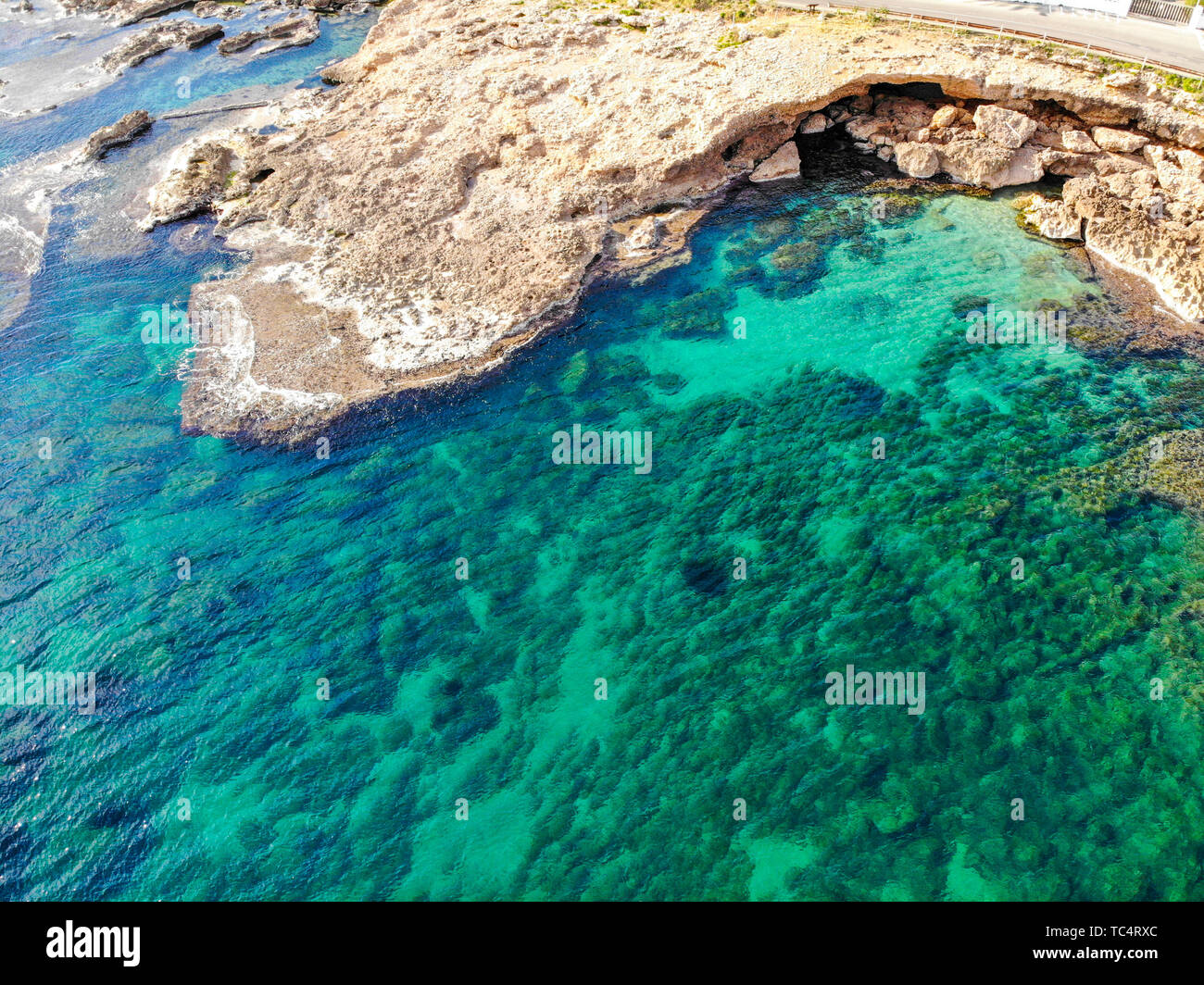 Aerial view of Las Rotas rocky beach in Denia, Spain at sunset Stock ...