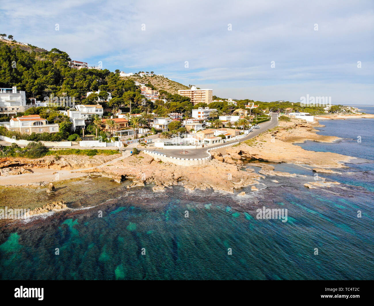 Aerial view of Las Rotas rocky beach in Denia, Spain at sunrise Stock ...