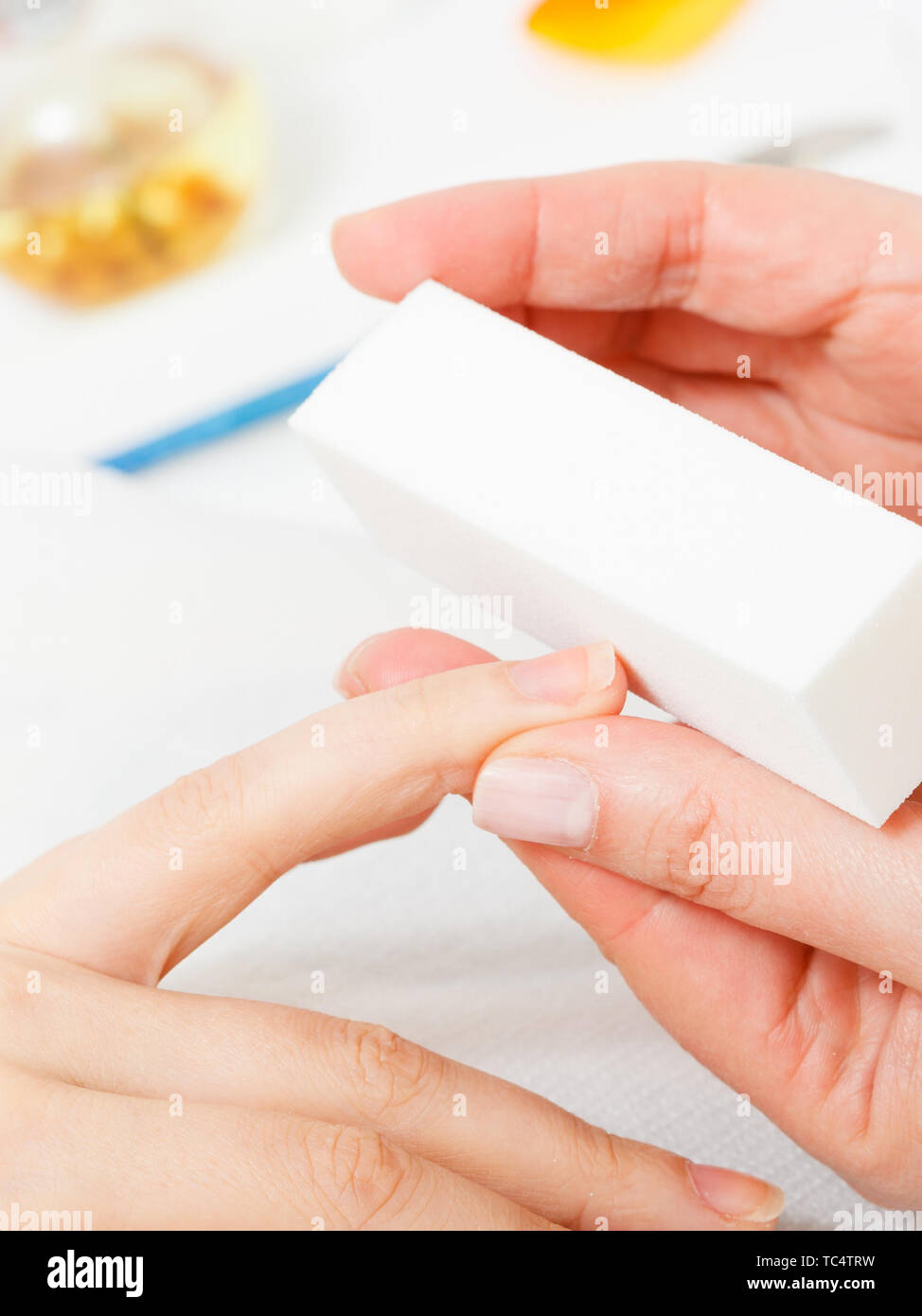 Nail care, beauty wellness spa treatment concept. Woman preparing nails ...
