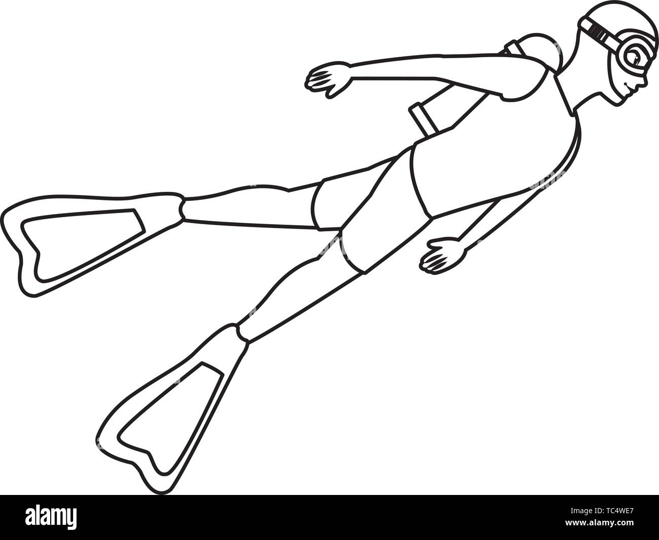 scuba diving avatar cartoon character black and white Stock Vector ...