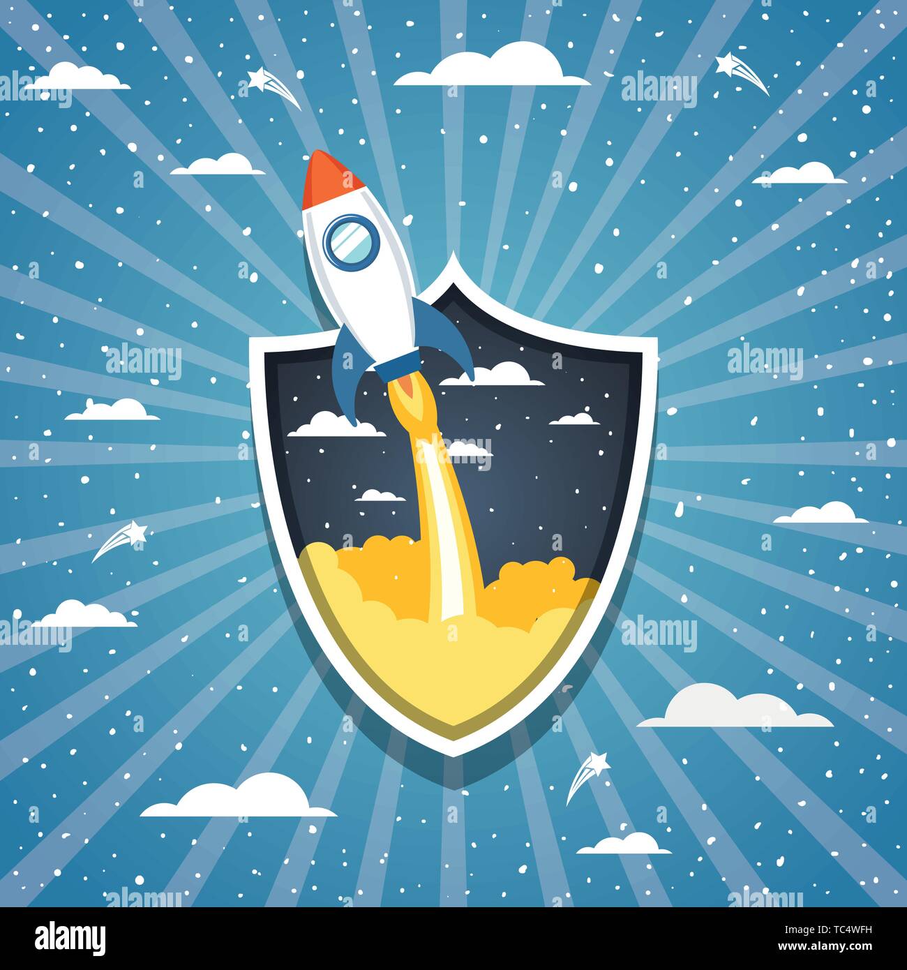Rocket over clouds and striped background design Stock Vector Image ...