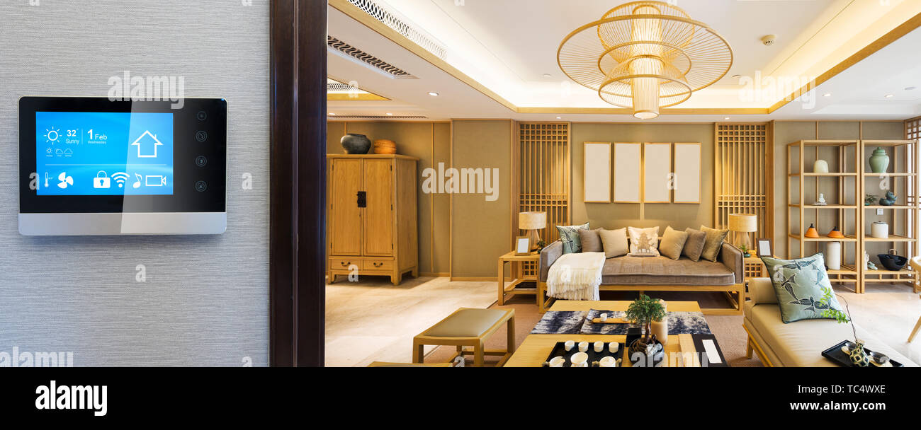 smart screen with smart home with modern living room Stock Photo - Alamy