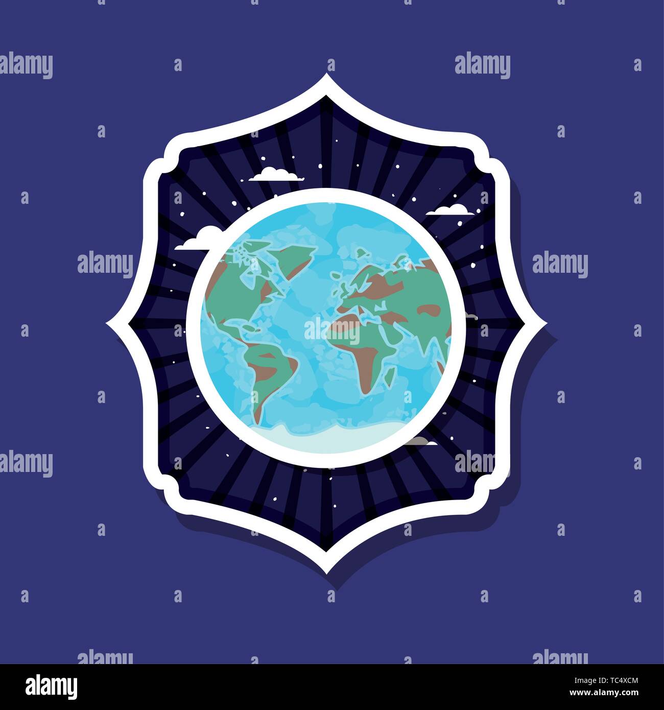 planet sticker over striped label design vector illustration Stock ...