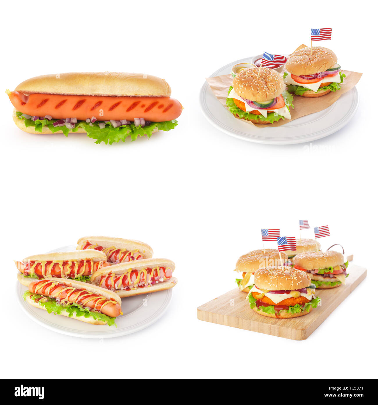 Junk fast food collage of burgers, sandwiches and hot-dogs isolated on ...