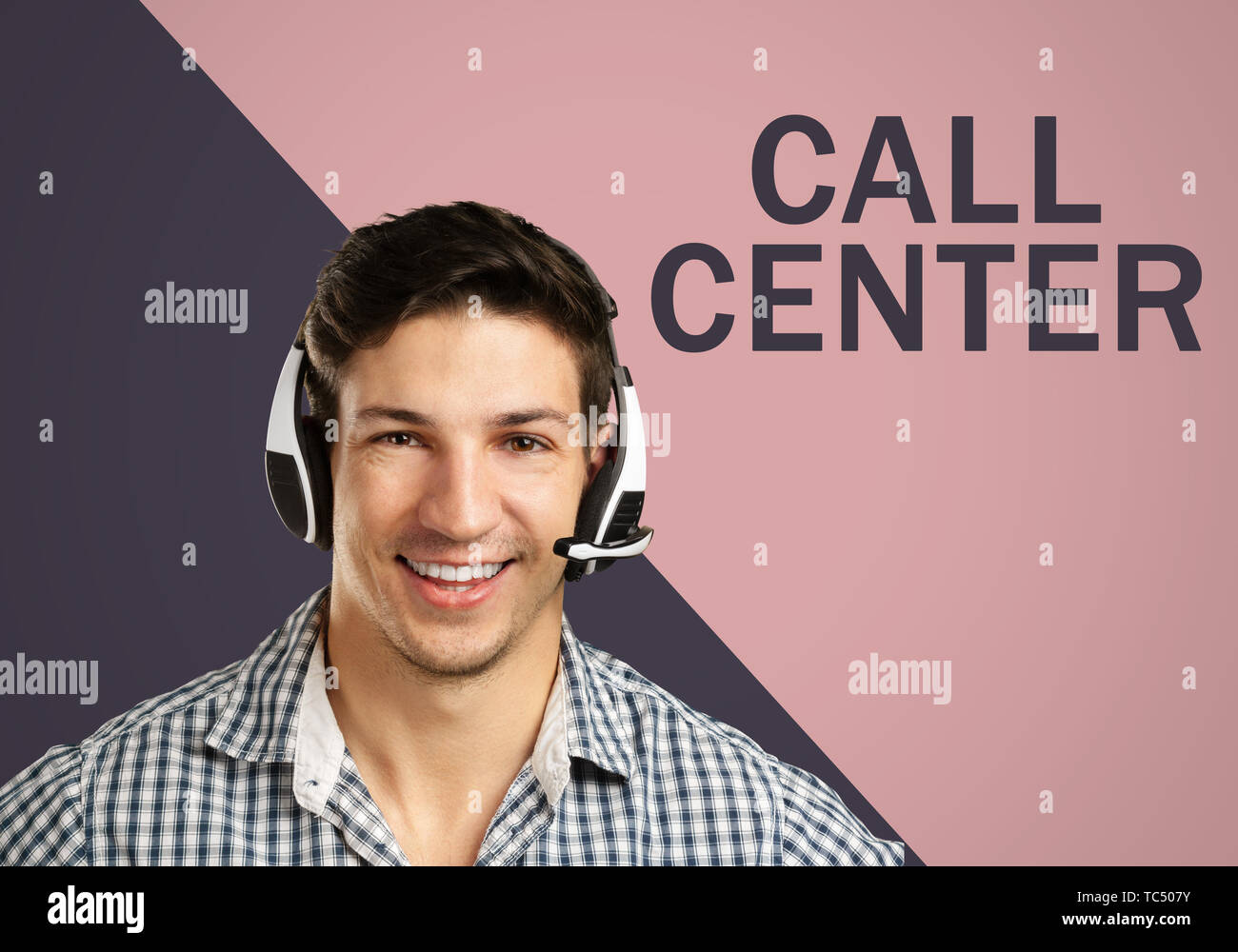 Man call center manager with headset on his head Stock Photo - Alamy