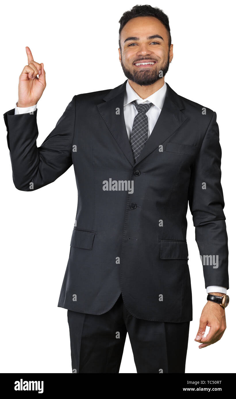 Black man businessman making presentation isolated on white background ...