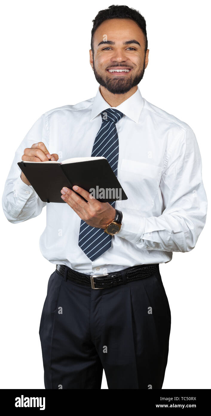 Black man businessman holding his notepad isolated on white background ...