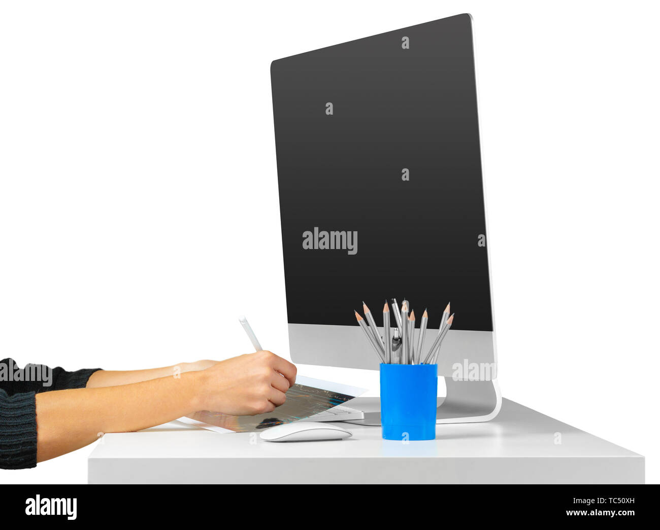 Woman hands working with computer keyboard isolated on white background ...
