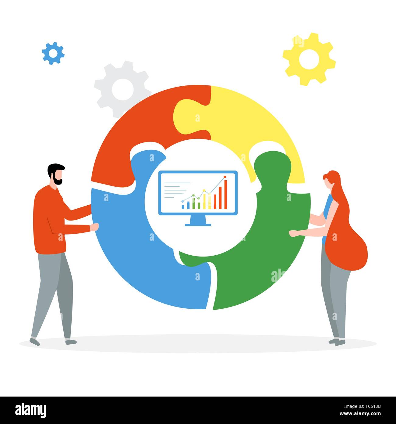 Vector illustration with people connect puzzle elements. Teamwork ...