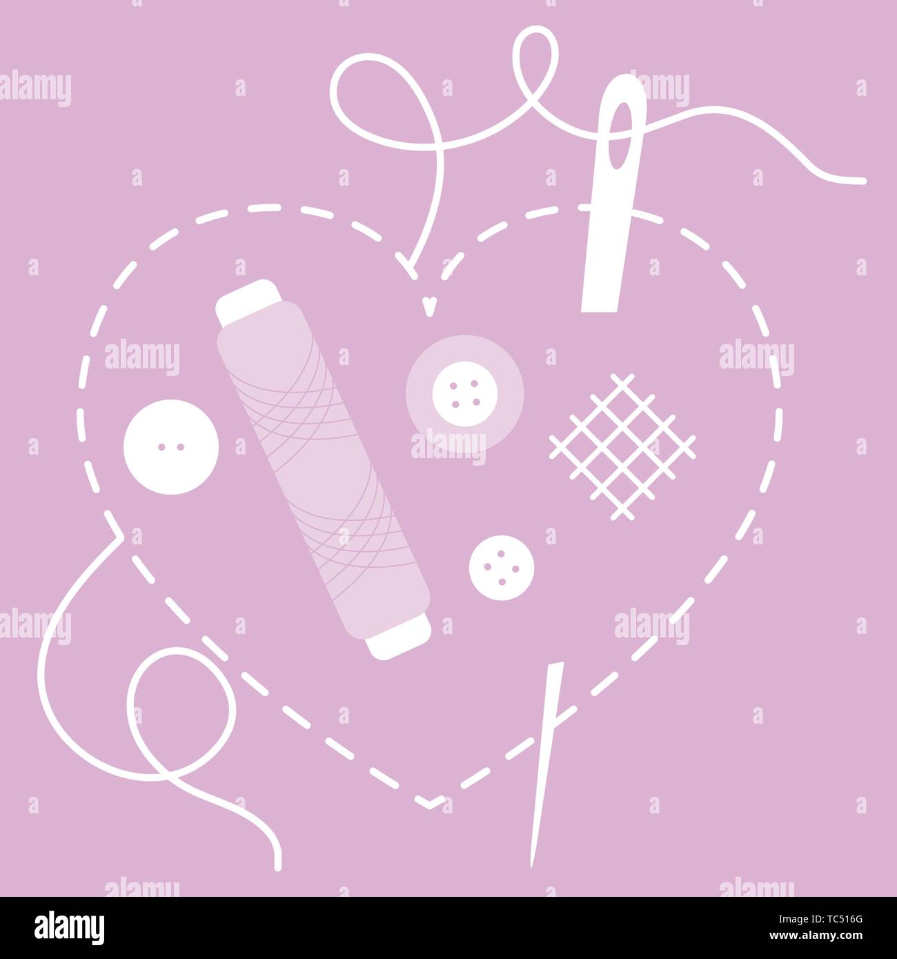 Vector illustration with heart stitches, needle with thread, buttons ...