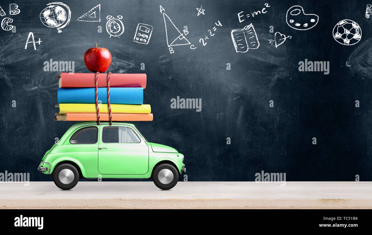 Back to school looped 4k animation. Car delivering books and apple ...