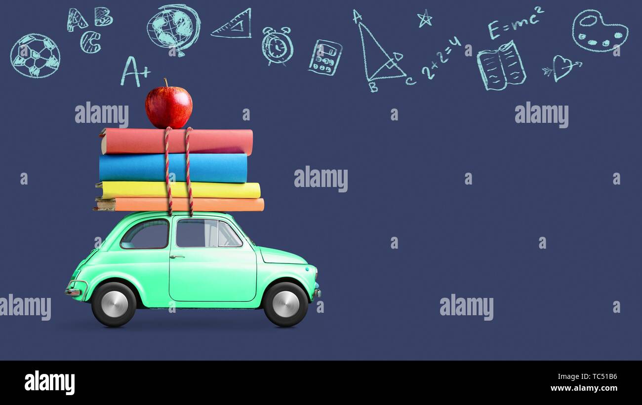 Back to school looped 4k animation. Car delivering books and apple ...