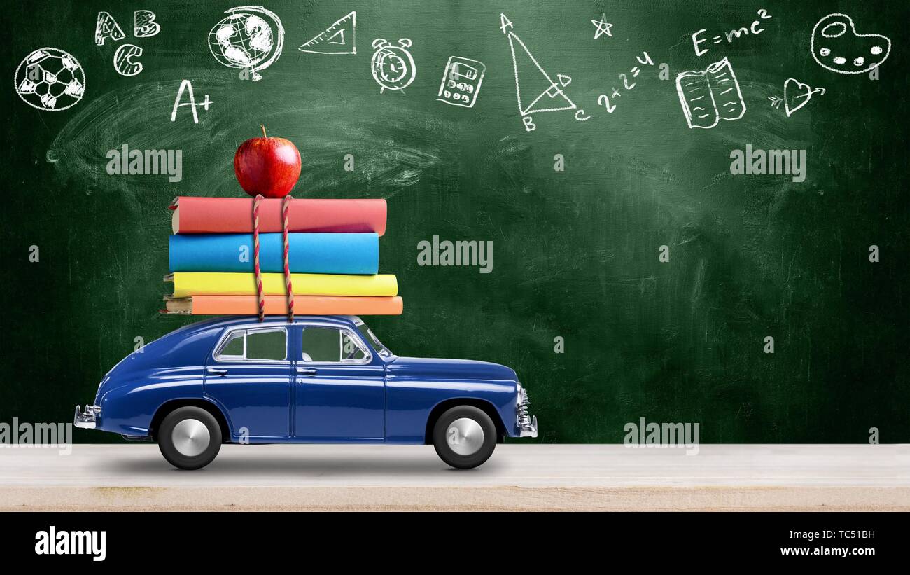 Back to school looped 4k animation. Car delivering books and apple ...