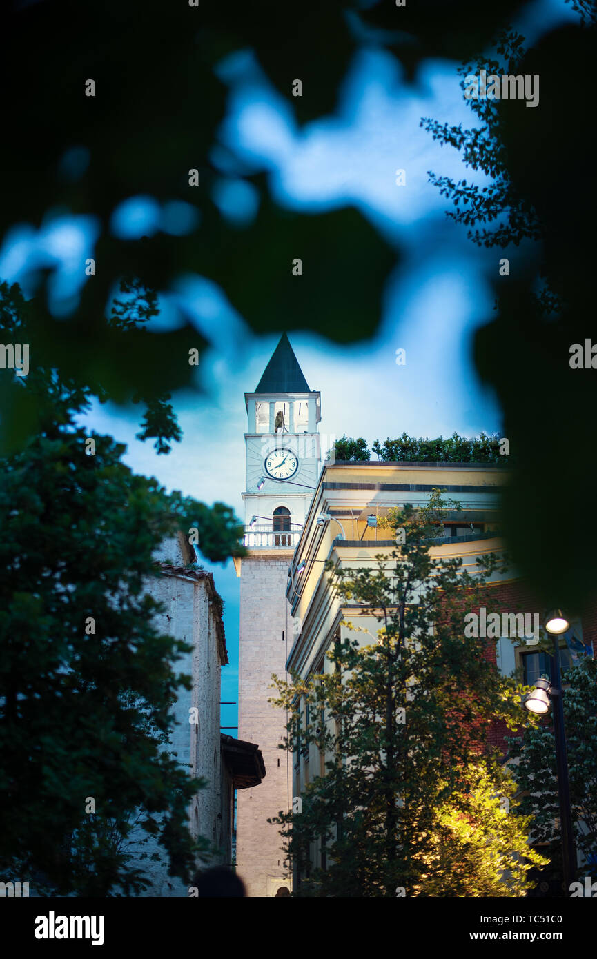 Clock tower at Scanderbeg Square in the center of Tirana, Albania Stock ...