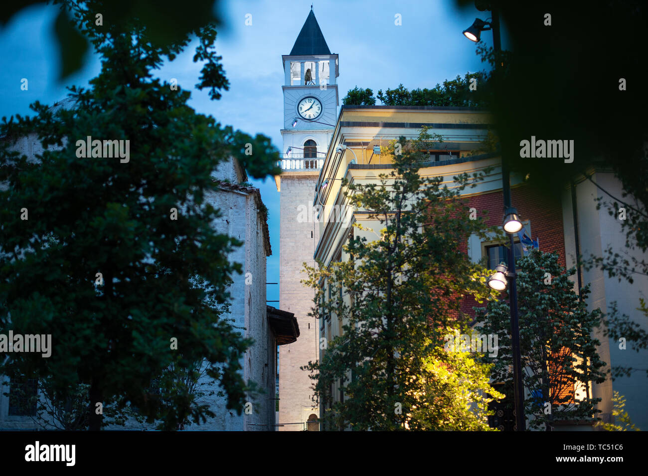 Clock tower at Scanderbeg Square in the center of Tirana, Albania Stock ...