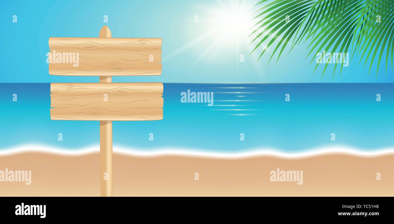 blank wooden sign board on beautiful palm beach vector illustration ...