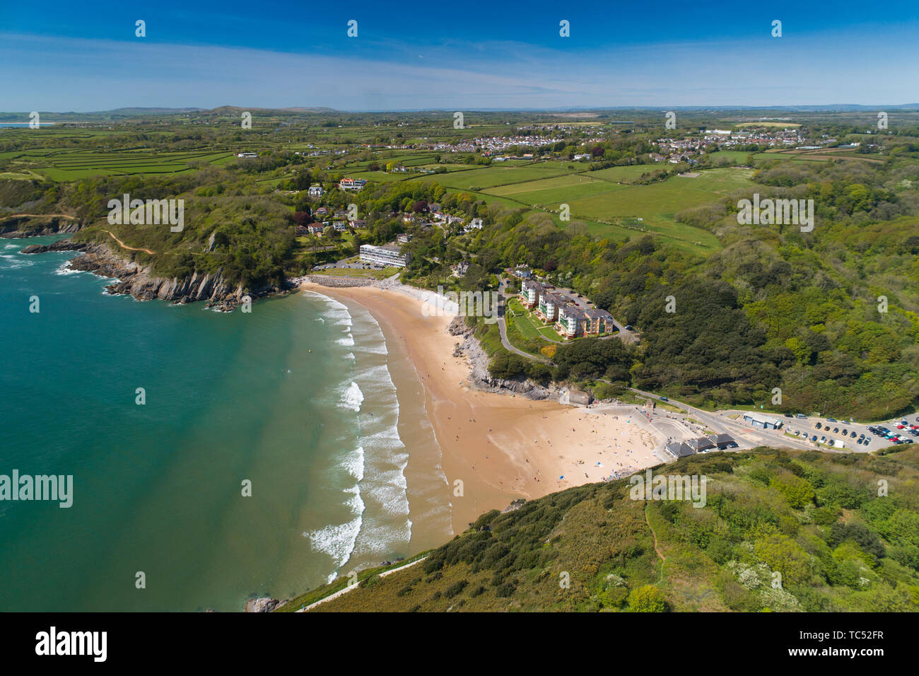 Aerial view of Caswell Bay and beach, on the Gower peninsula, Swansea ...