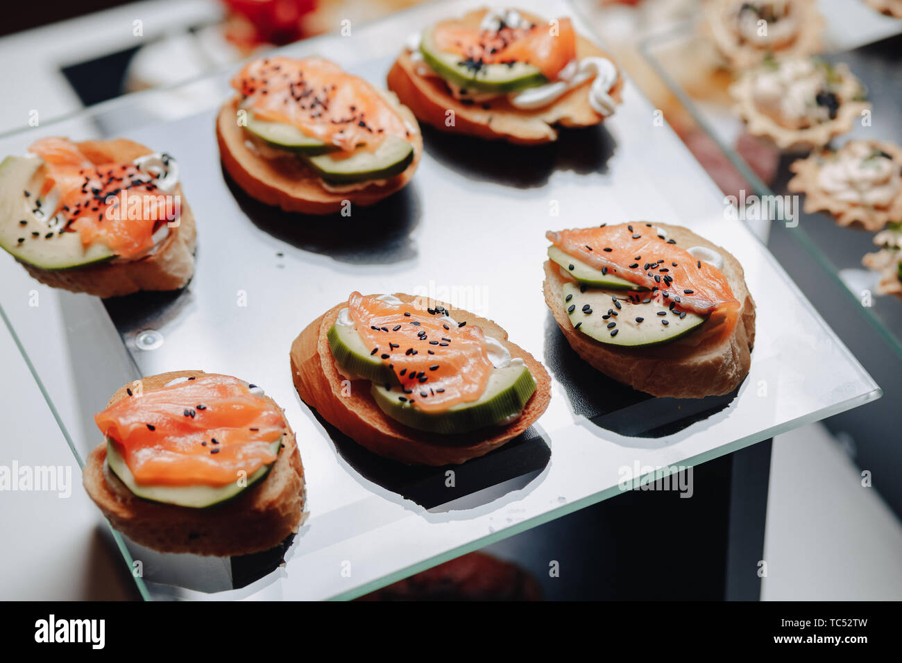 delicious festive buffet with canapés and different delicious meals ...