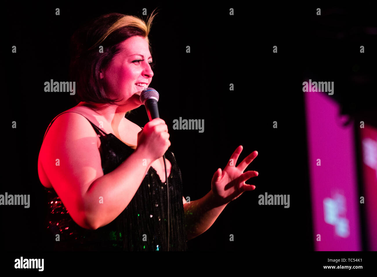 Kiri Pritchard-McLean , comedian, on stage at the Machynlleth Comedy ...