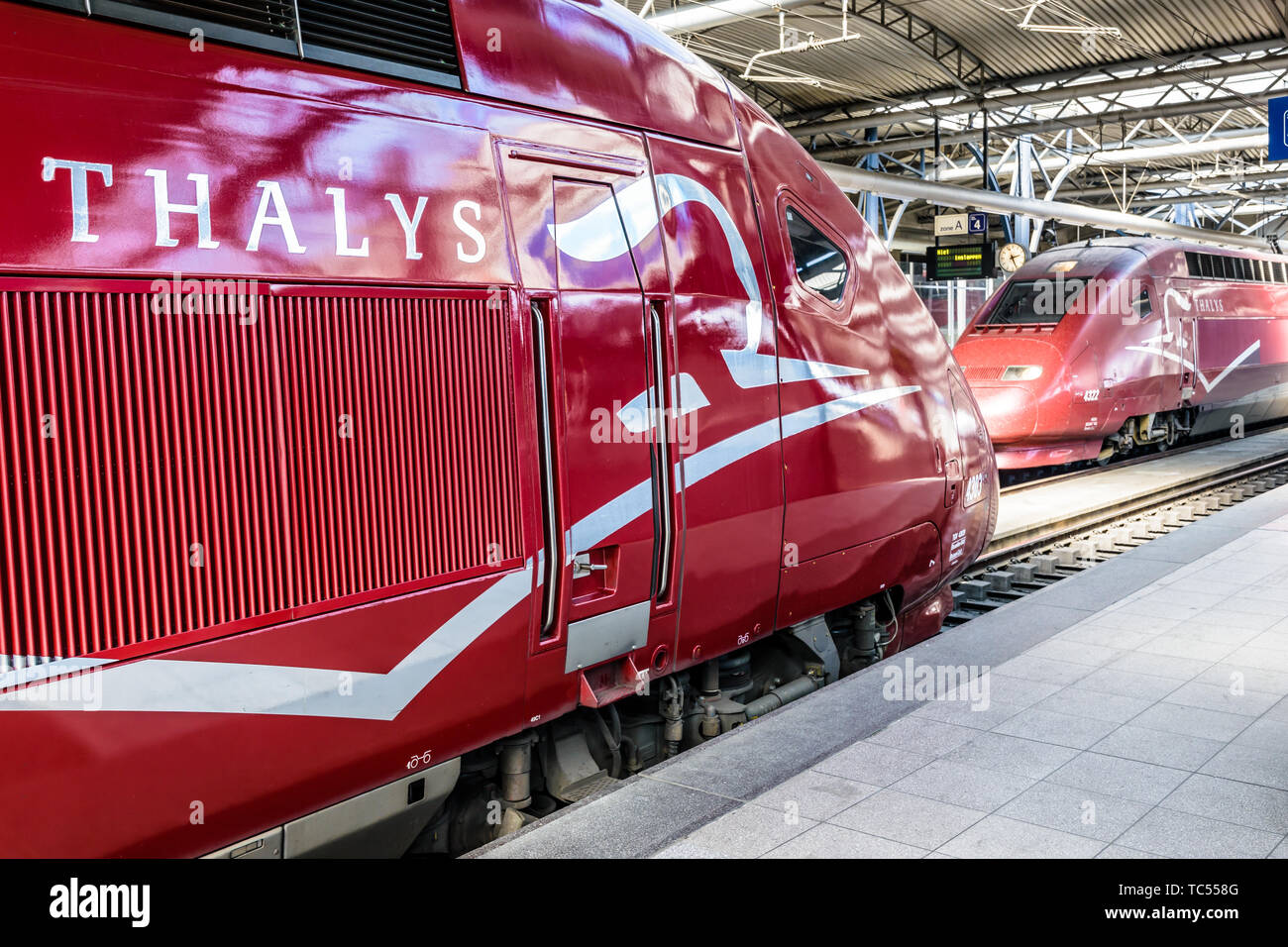 Two Thalys high-speed trains stationing in Brussels-South railway ...