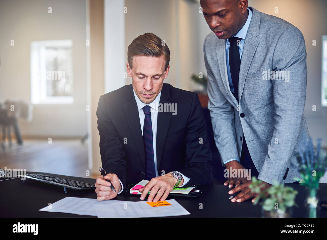 Two businessmen going over documents hi-res stock photography and ...