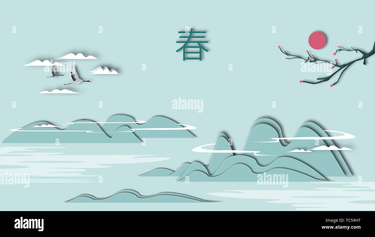 Chinese wind paper-cut Chinese landscape painting spring landscape ...