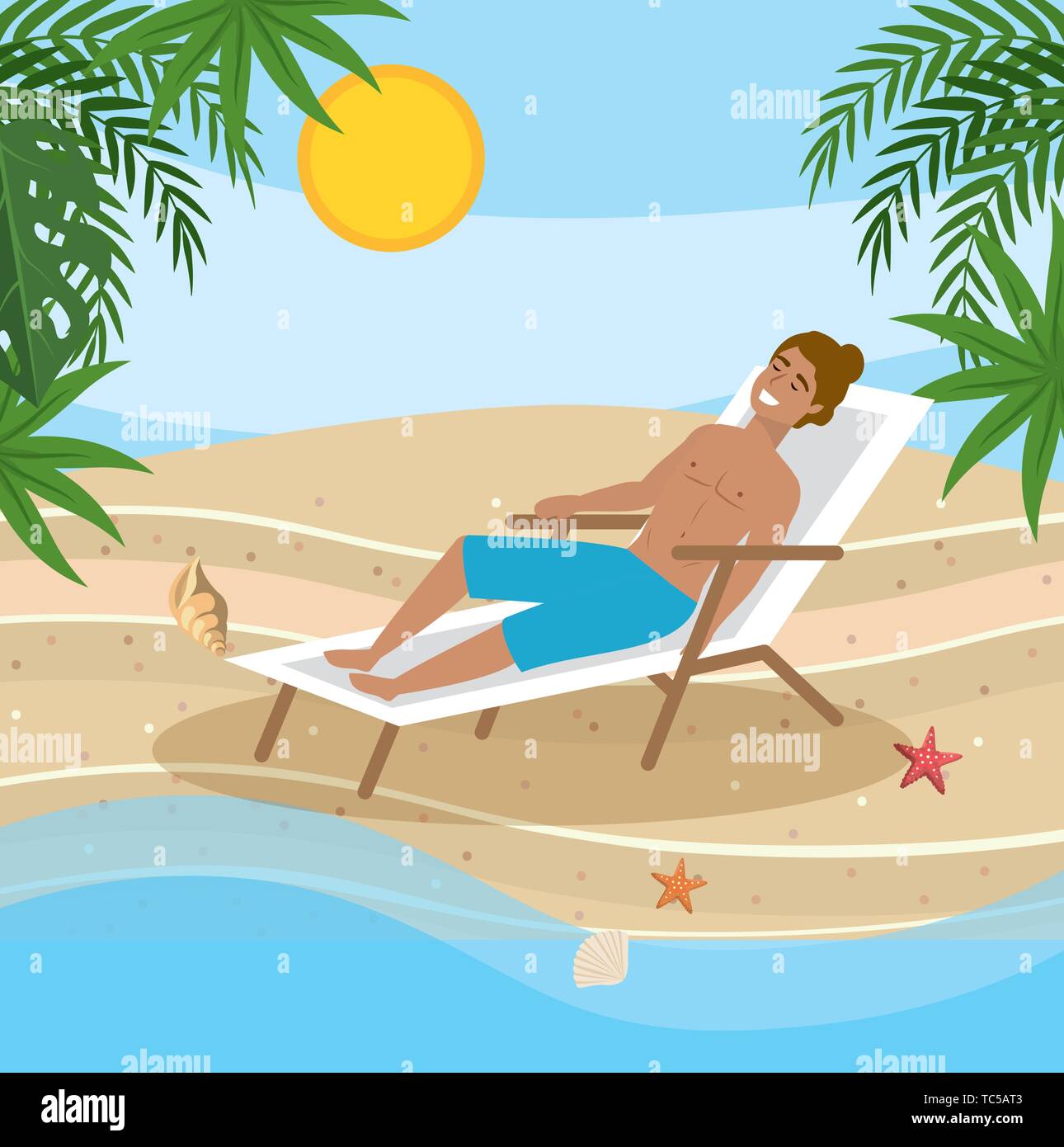 man wearing bathing shorts and taking sun in the tanning chair to ...