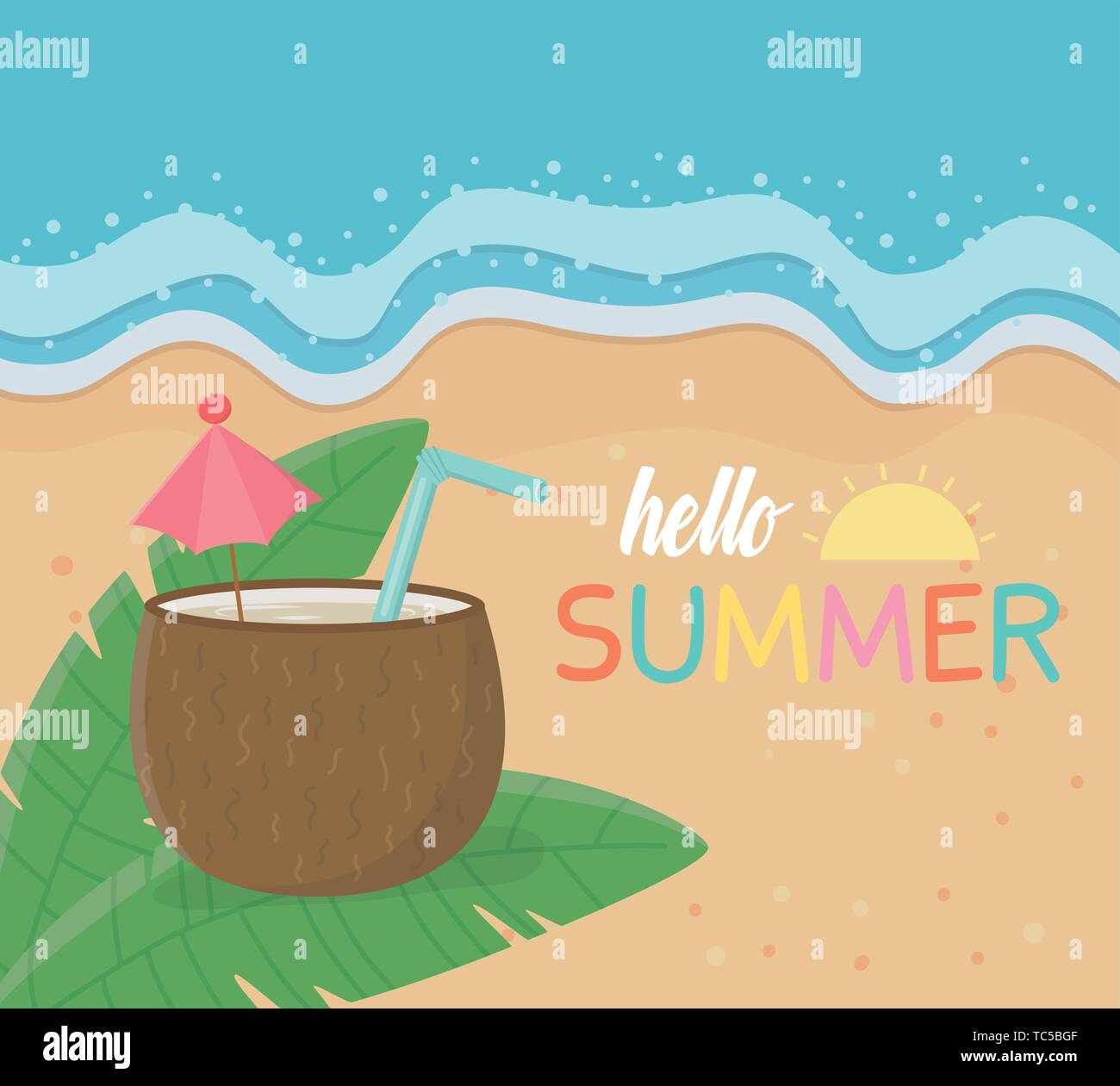 hello summer poster with beach scene and coconut cocktail vector ...