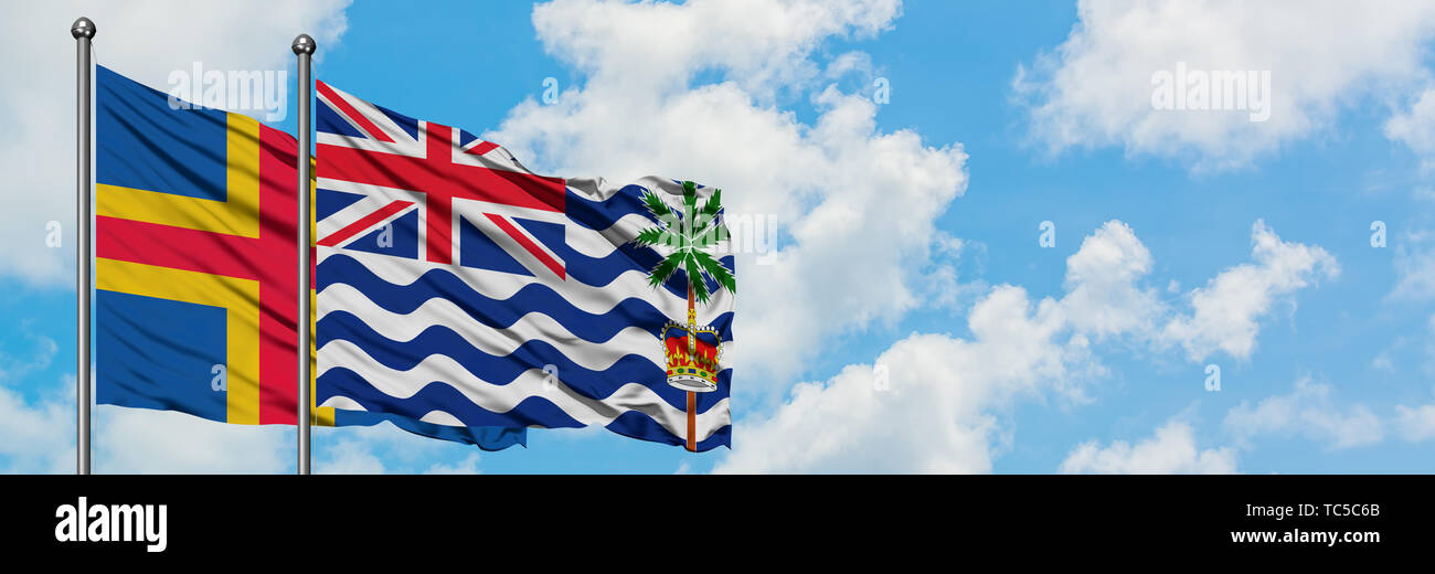 Aland Islands and British Indian Ocean Territory flag waving in the ...