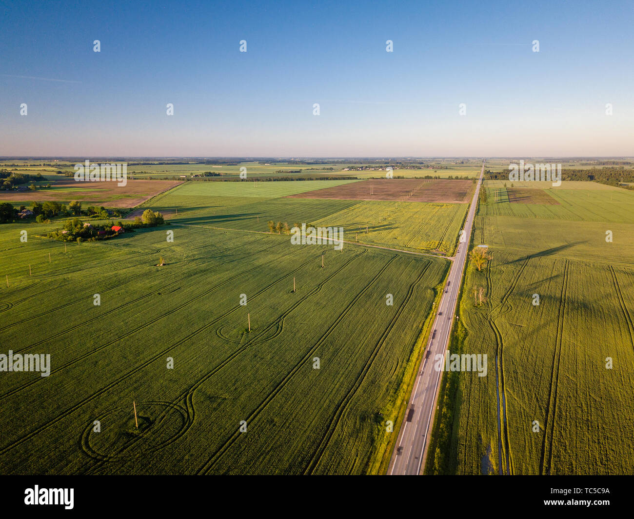 Aerial view of empty road during sunrise surrounded by agricultural ...