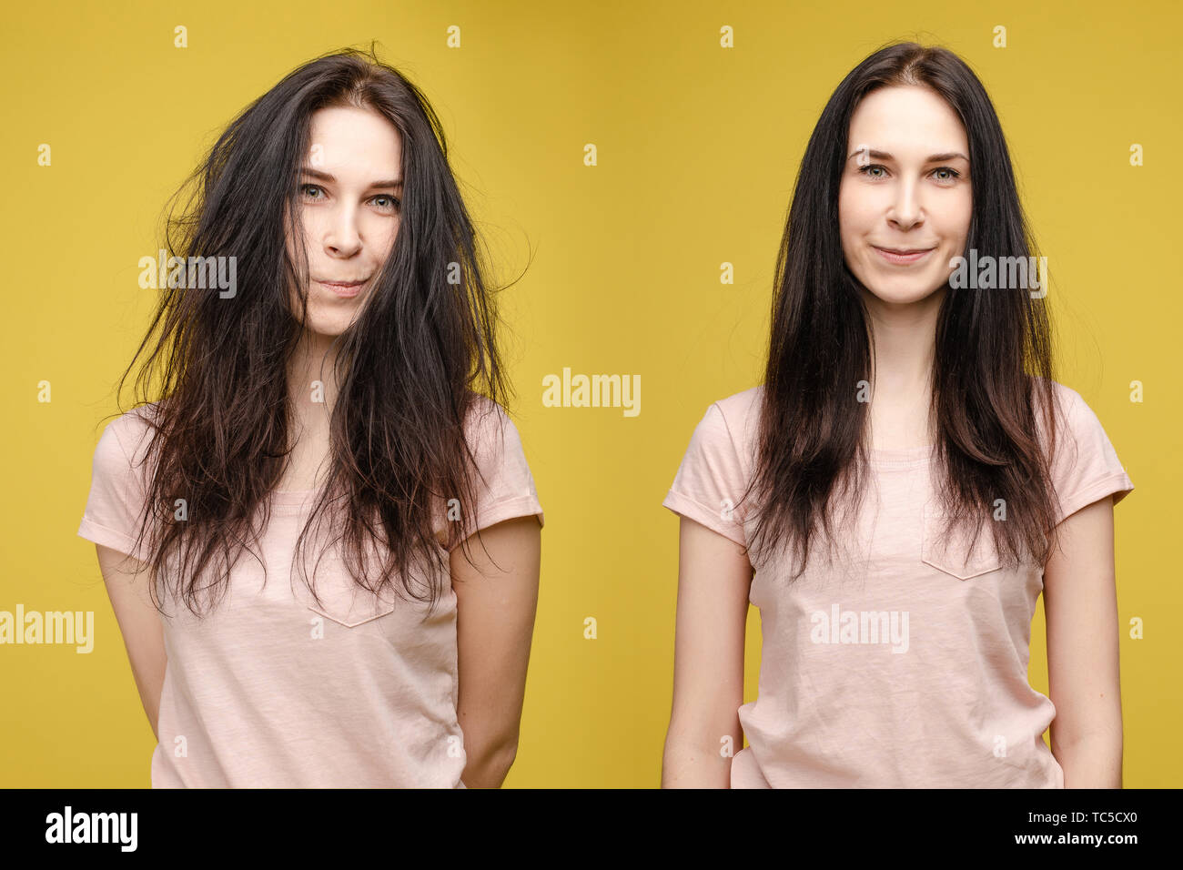 Girl with glossy and messy unbrushed hair in after shampoon Stock Photo ...