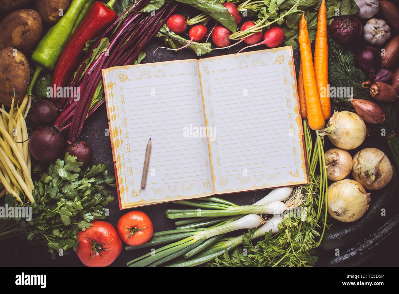 Blank Recipe Empty Cook Book Mockup with Fresh Vegetables. Vegan Raw ...