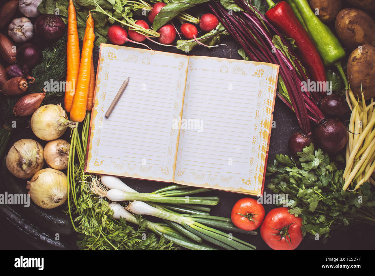 Blank Recipe Empty Cook Book Mockup with Fresh Vegetables. Vegan Raw ...
