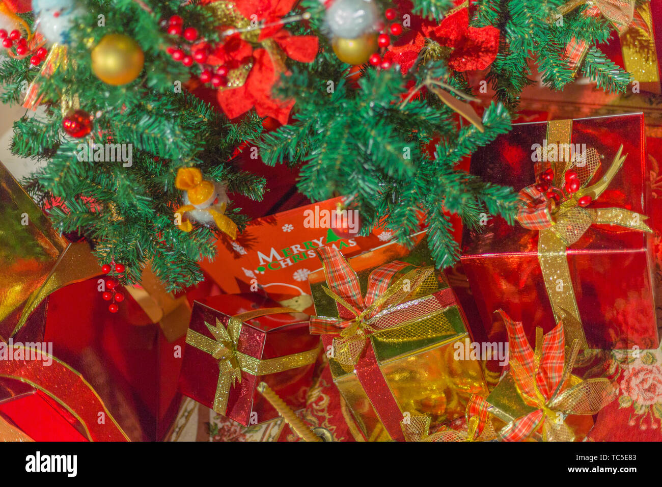 Christmas tree and gift scene Stock Photo - Alamy