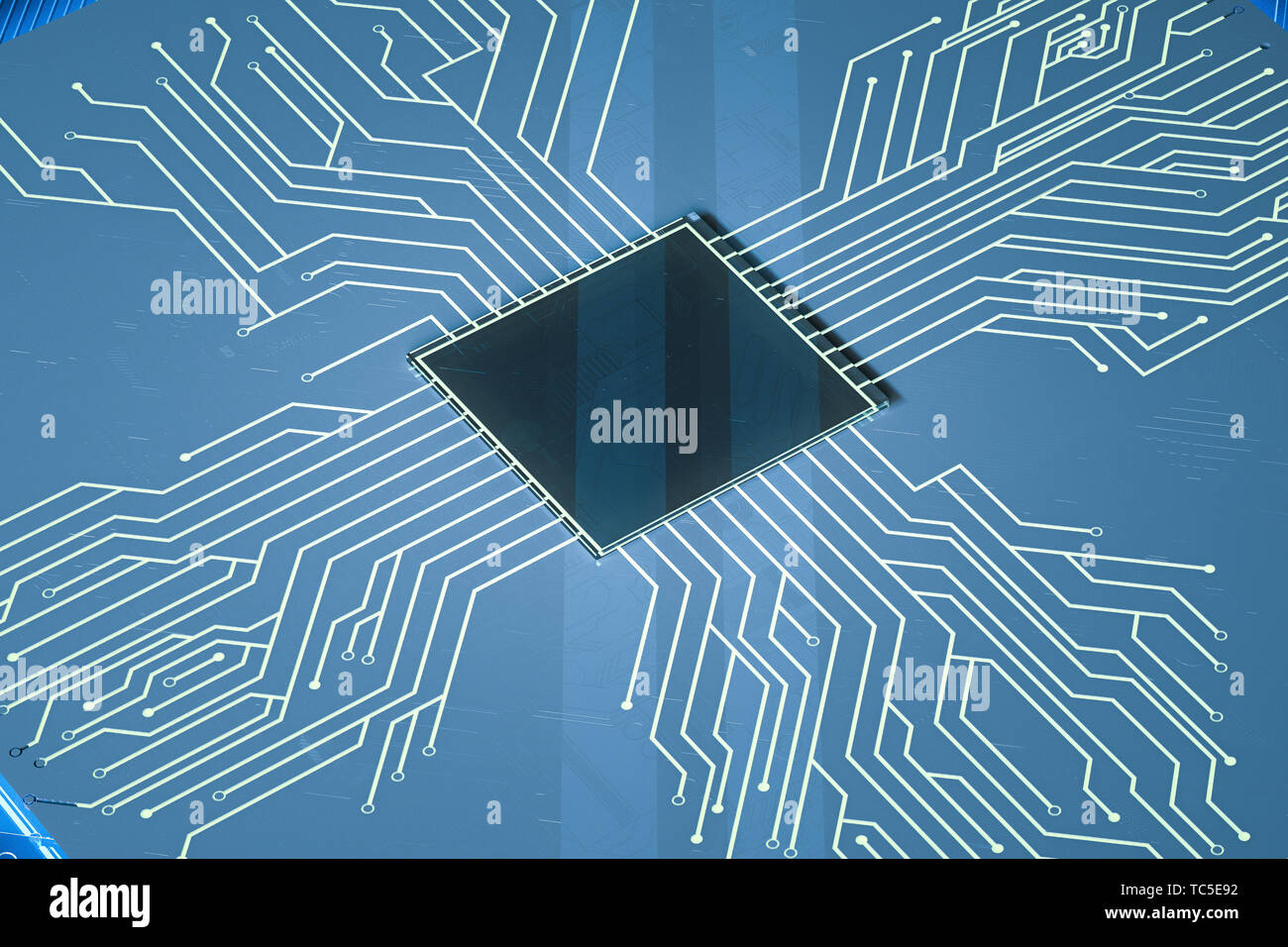 Three-dimensional rendering, circuit board with blue chip Stock Photo ...