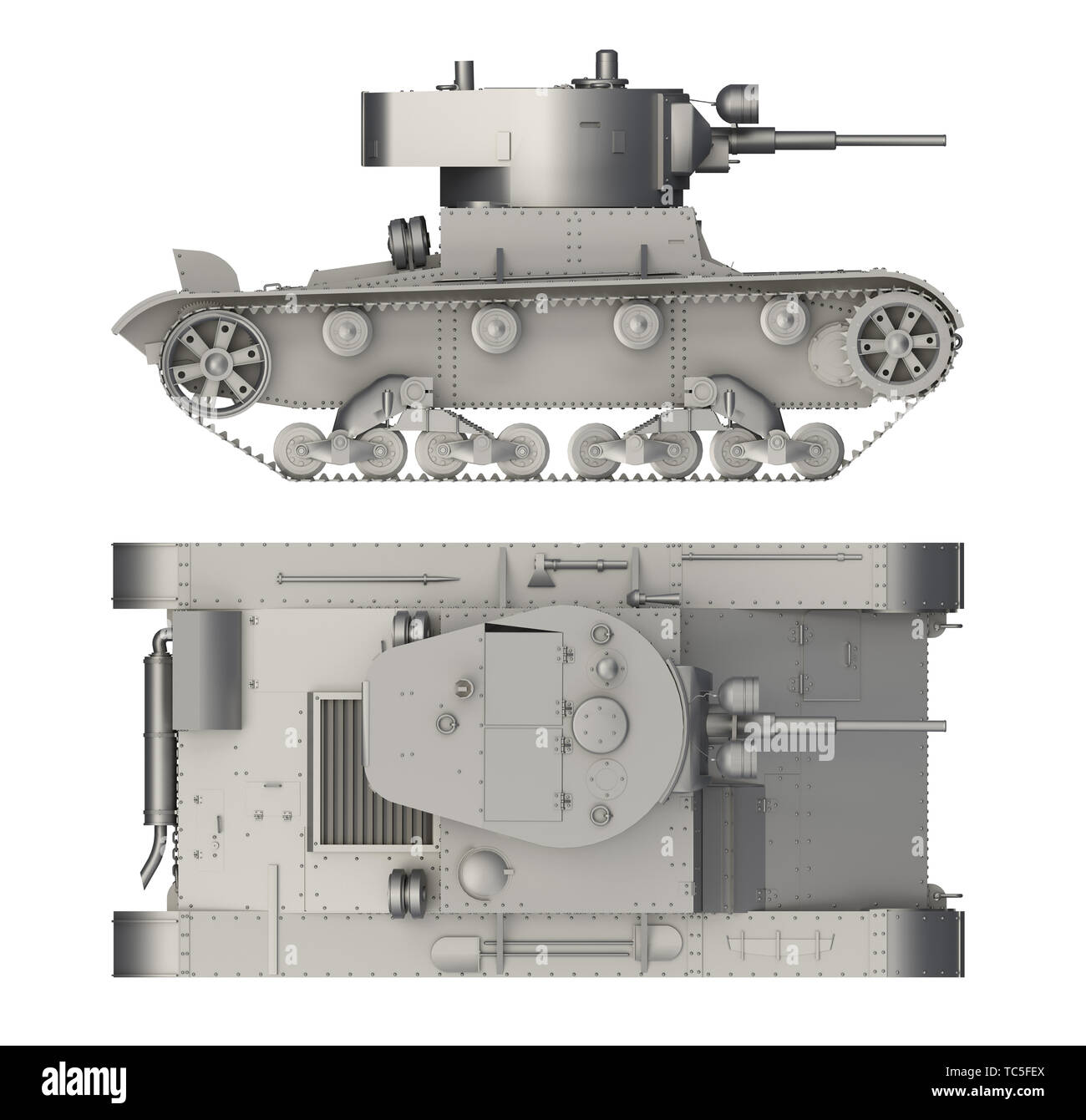 military tank side and top view isolated on white. 3d rendering Stock ...